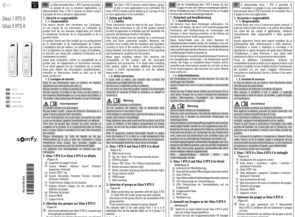 Manuale Telecomando Somfy Situo 1 RTS - Situo 5 RTS PDF - Manuali d'Uso ...
